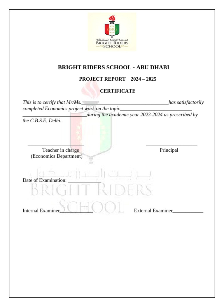 BRS ECONOMICS-Project Certificate Page - 2024-25 | PDF