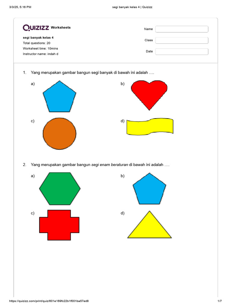 Worksheet Segi Banyak Kelas 4 | PDF
