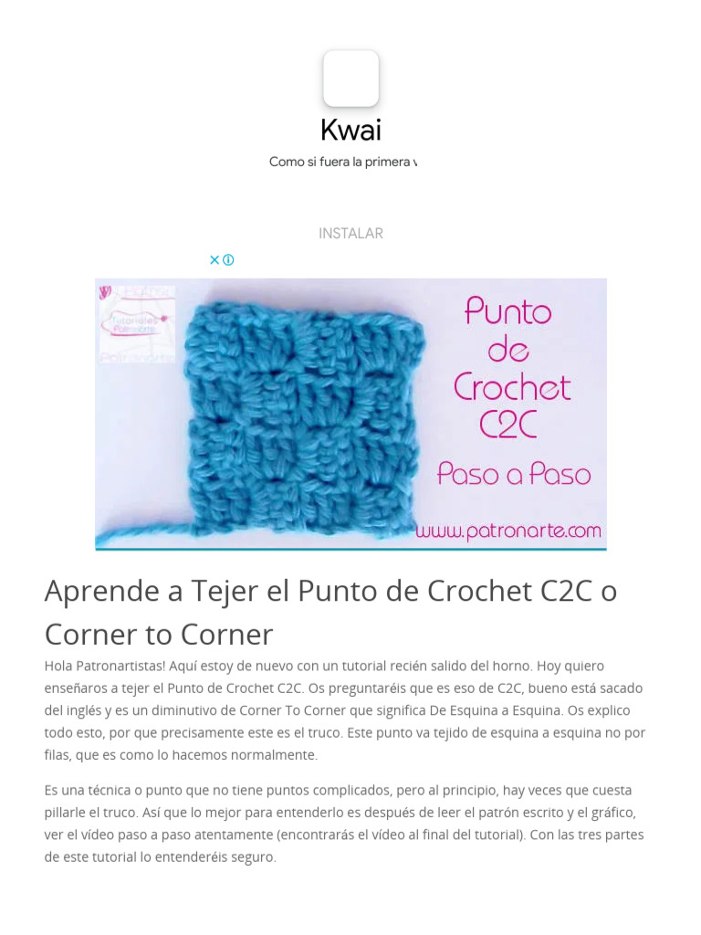 Punto de Crochet C2C Paso A Paso - Tutoriales Patronarte | PDF | Tejer | Textiles