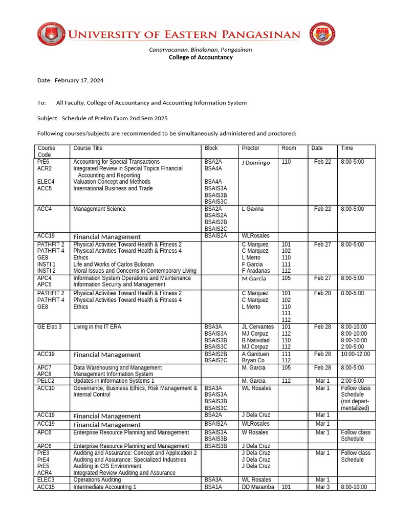 Revised Prelim Exam Sked For BSA BSAIS 2nd Sem 2025 | PDF | Business | Economies