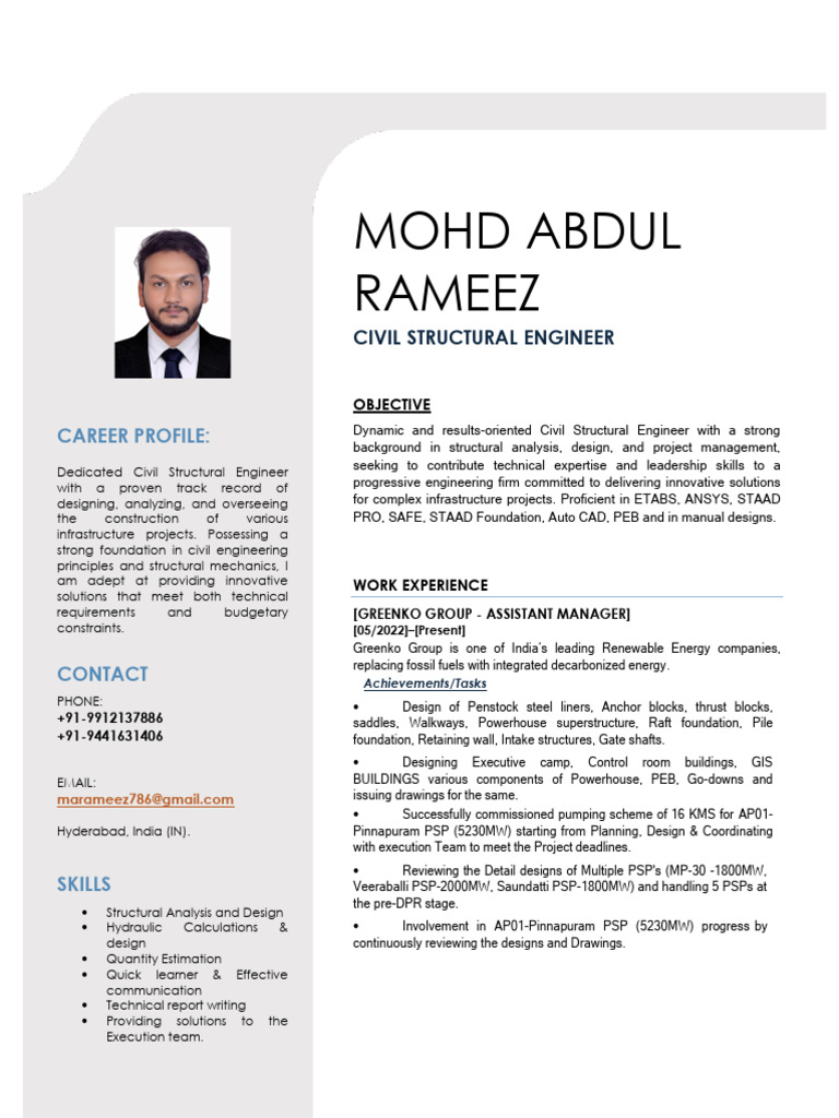 Mohd Abdul Rameez (I) - Structural Engineer | PDF | Engineering