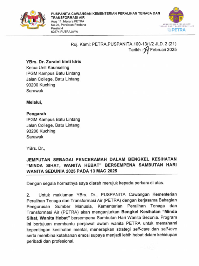 Surat jemputan penceramah_Bengkel Kesihatan | PDF