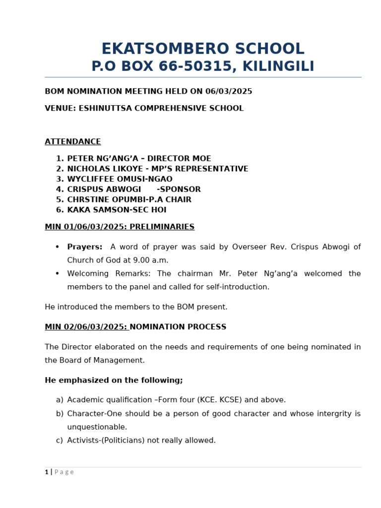 BOM Nomination Meeting Minutes 2025 | PDF