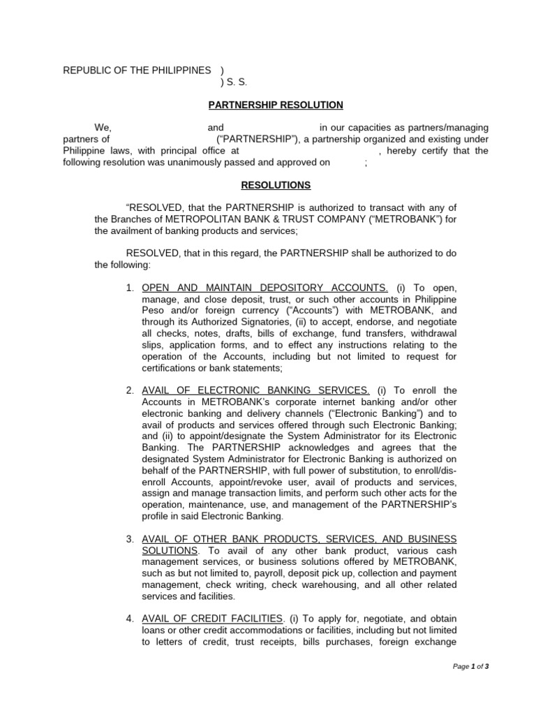 Partnership Resolution To Open An Account | PDF | Banks | Security Interest