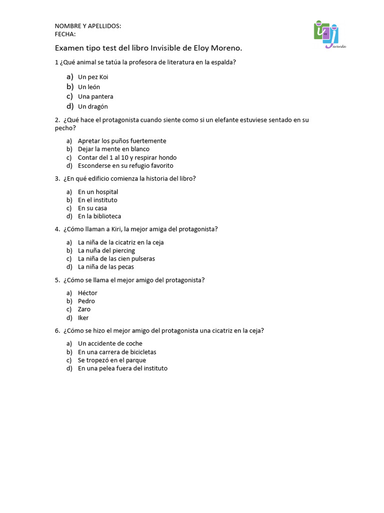 Examen sobre "Invisible" de Eloy Moreno | PDF