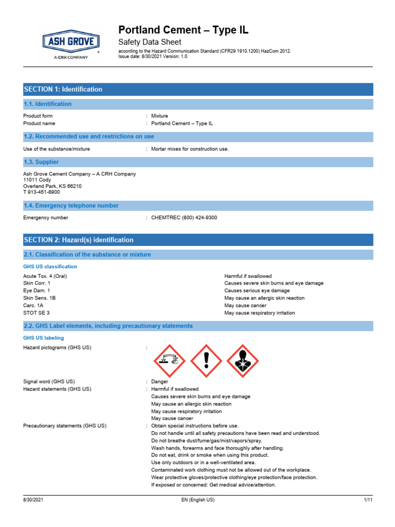 Portland-Cement-Type-1L-EN-OSHA-GHS-SDS-2021-08-30 | PDF | Toxicity ...