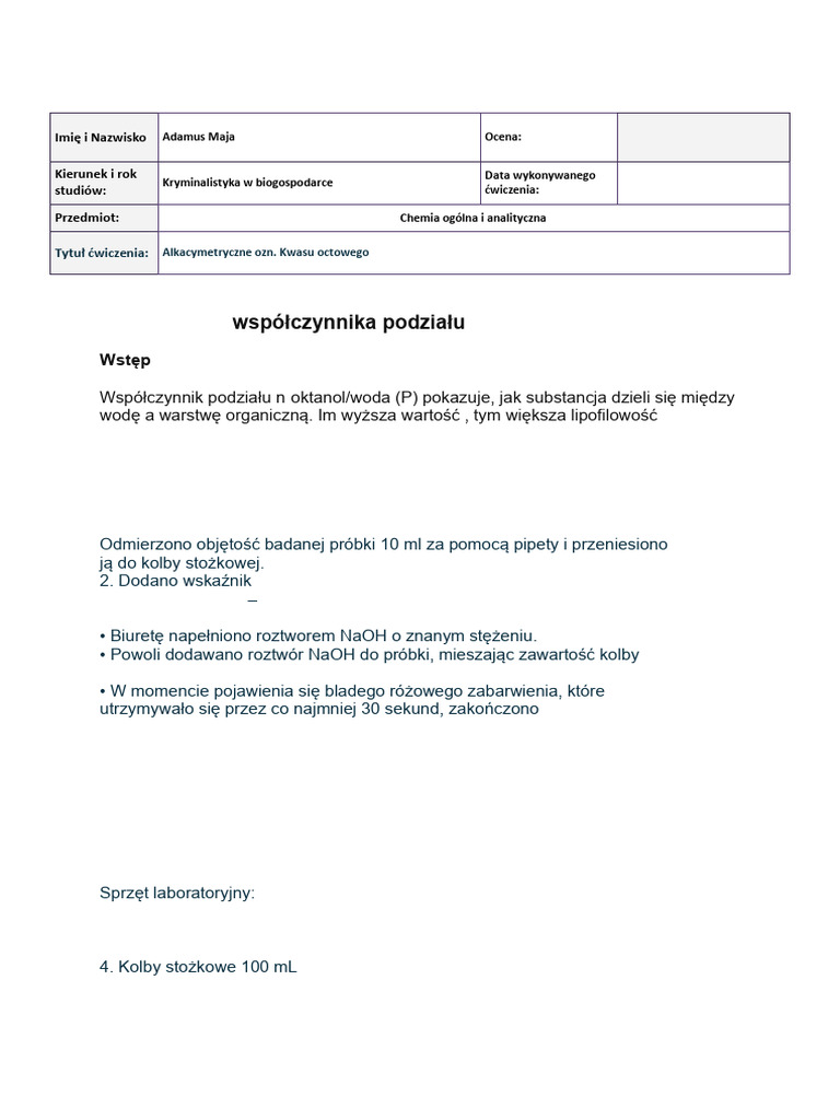 Wyznaczanie Wspolczynnika Podzialu Adamus Maja | PDF