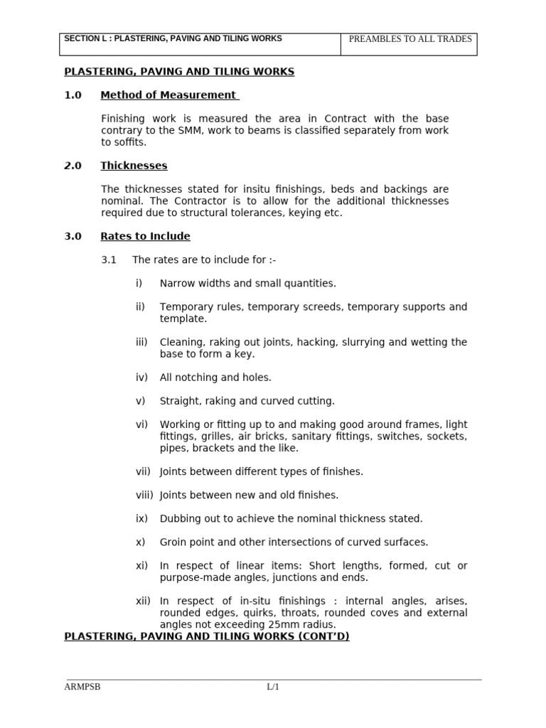 Section L. Plastering, Paving & Tiling Works | PDF | Building ...
