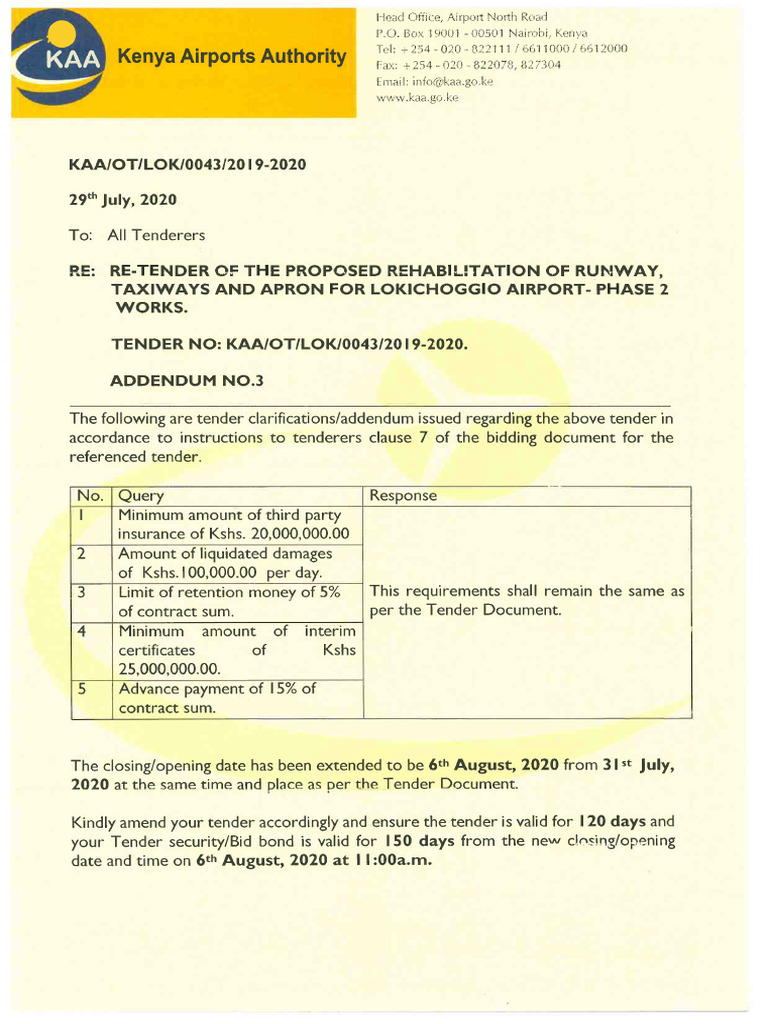 Adendum No 3 Kaa Ot Lok 0043 2019 2020 Re Tender of The Proposed Rehabilitation of Runway | PDF