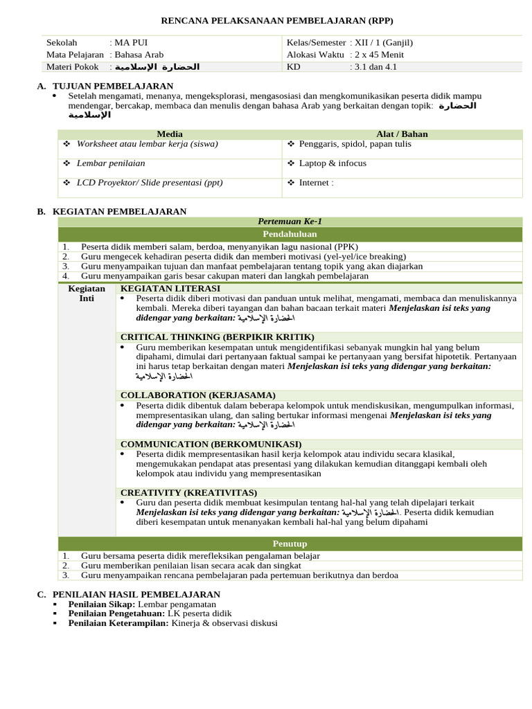 RPP Bahasa Arab 2024-2025 Ganjil | PDF