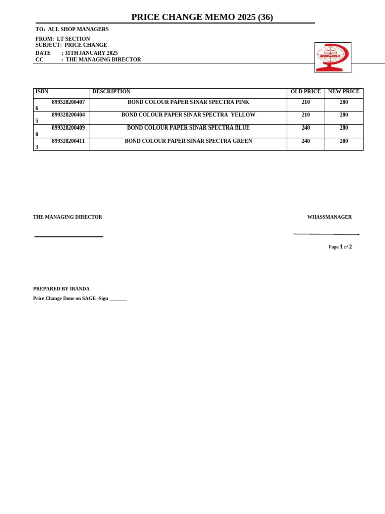 2025 Price Change Memo for Bond Paper | PDF