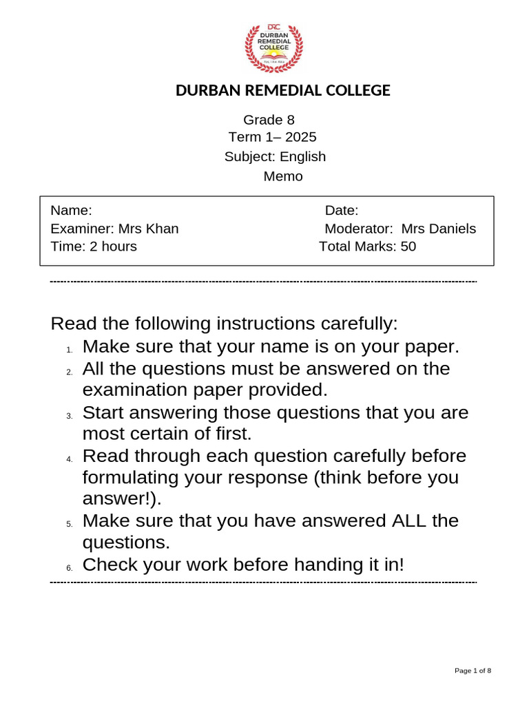 Grade 8 English Term 1 Exam Memo | PDF | Adjective | Classroom