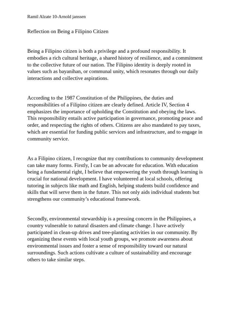 Reflection On Being A Filipino Citizen | PDF | Governance | Philippines