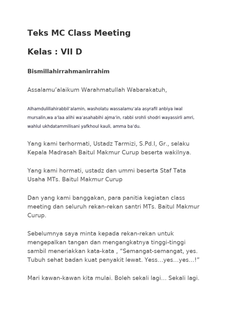 Contoh Teks MC Class Meeting | PDF