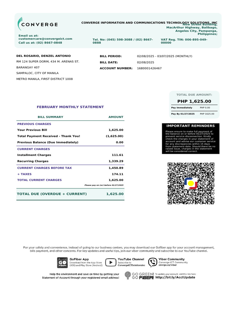 February 2025 Fiber X 1500 Bill Statement | PDF | Fee | Services ...