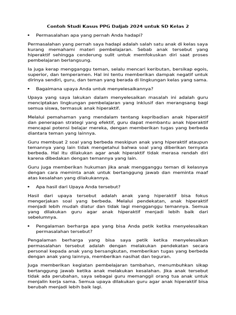 Contoh Studi Kasus PPG Daljab 2024 Untuk SD Kelas 2 | PDF
