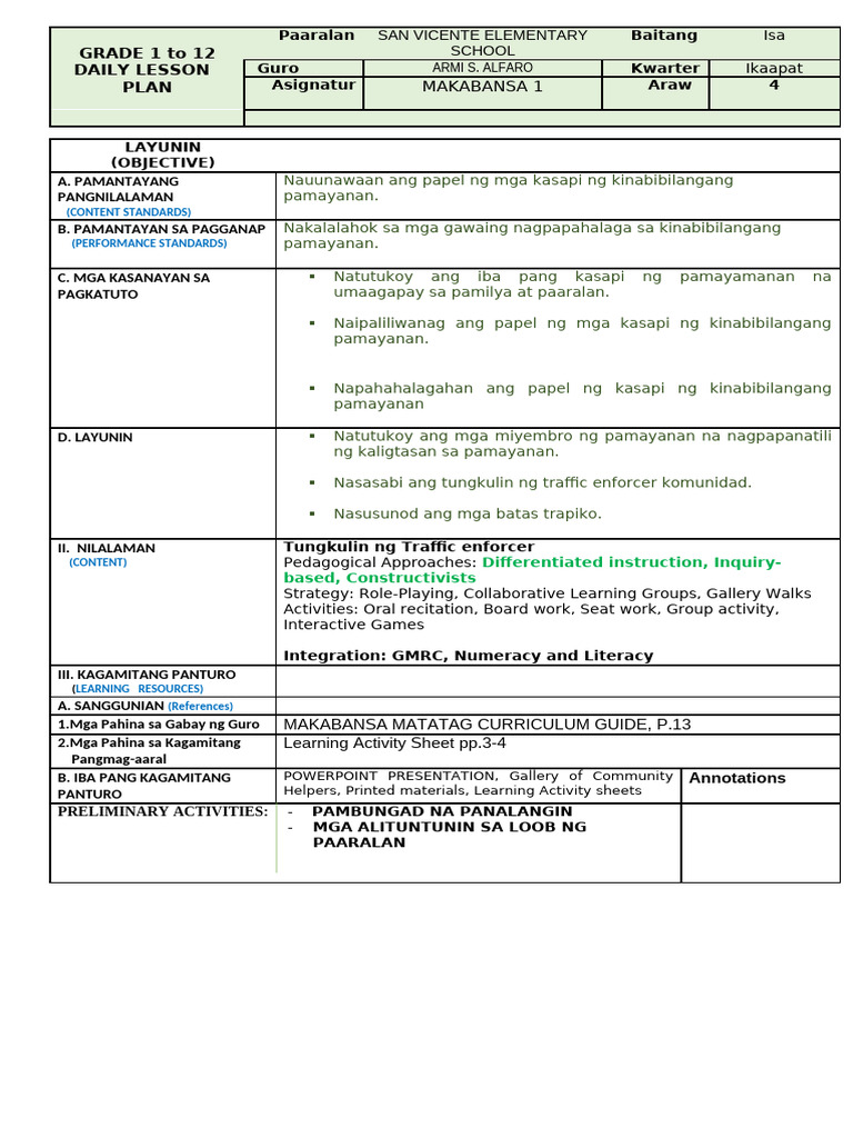 4th Cot in Makabansa - Lesson Plan With Annotations | PDF