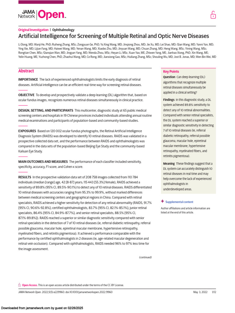 Artificial Intelligence For Screening Of Multiple Retinal And Optic Nerve Diseases Pdf