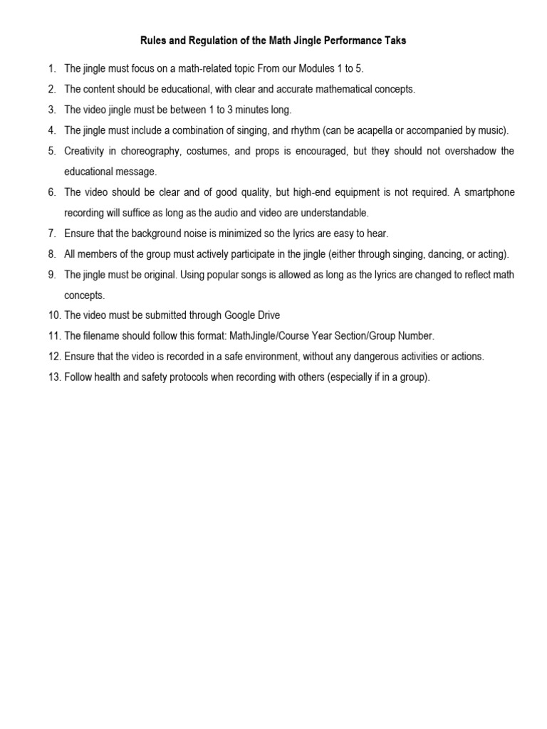 Rules and Regulation of The Math Jingle Performance Taks | PDF ...