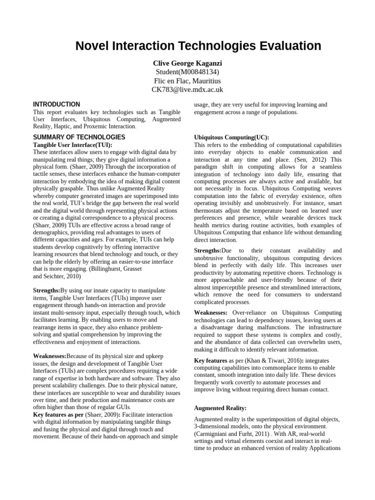 Evaluating Novel Interaction Technologies | PDF | Augmented Reality ...