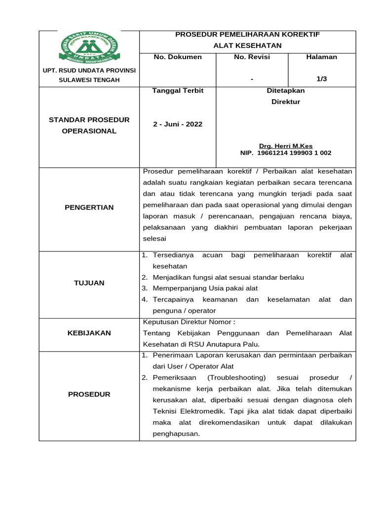 Prosedur Pemeliharaan Korektif Alkes | PDF