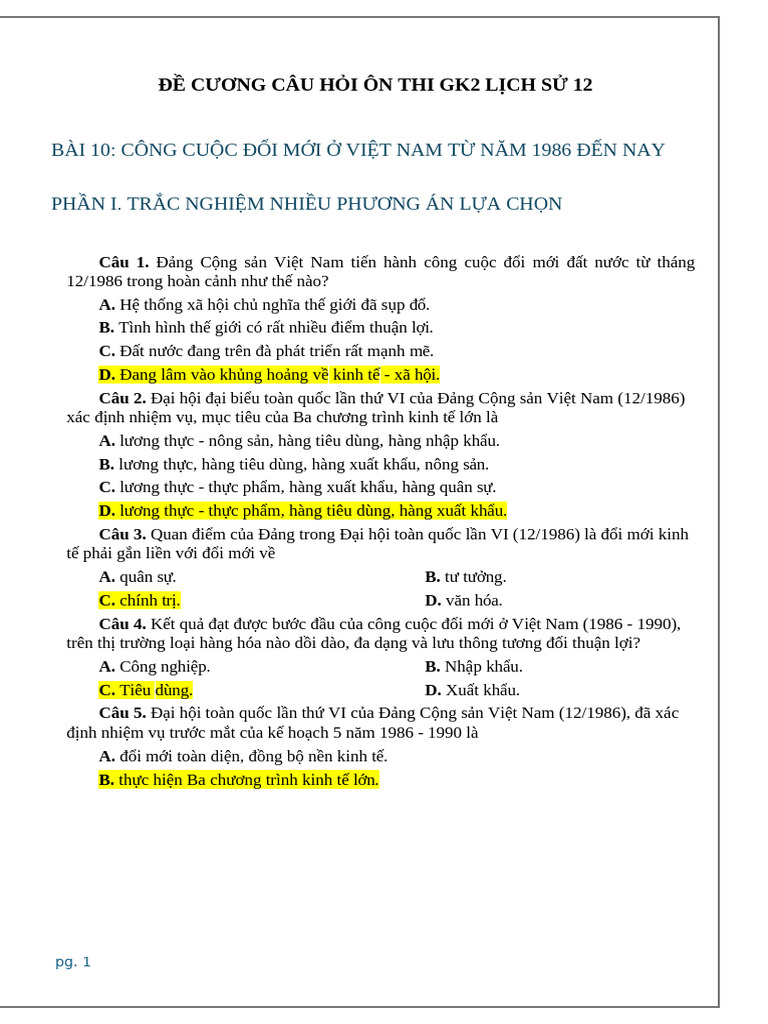 Lớp 12 Đề Cương Câu Hỏi Ôn Thi Gk 2 | PDF