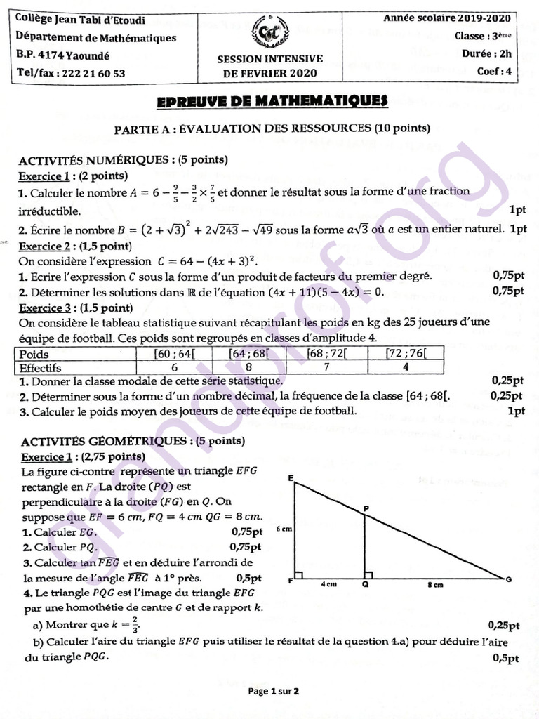 Maths 3eme BEPC Blanc College Jean Tabi Fevrier 2020 | PDF