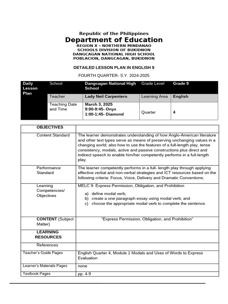 English 9 Detailed Lesson Plan: Modals | PDF | Verb | Learning