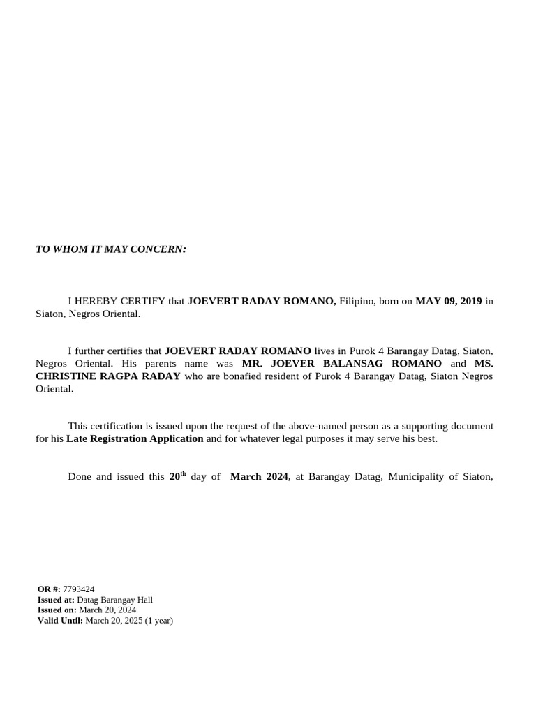 Barangay Certification for Late Registration | PDF