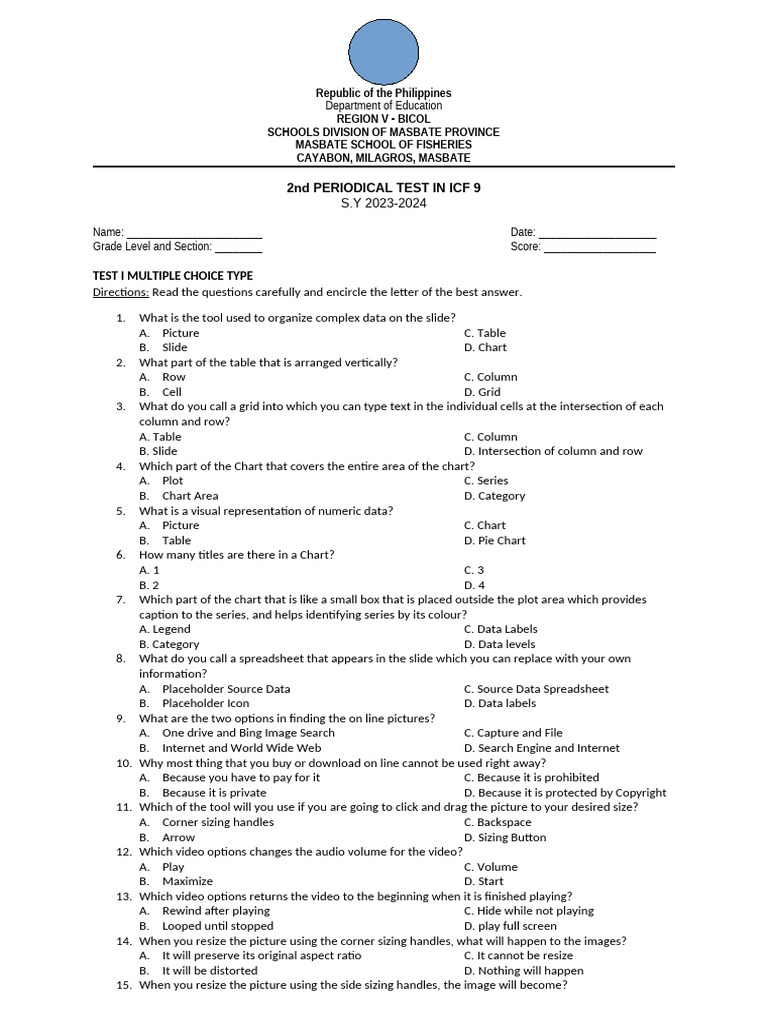 2nd Periodical Test ICF | PDF | Chart | Spreadsheet