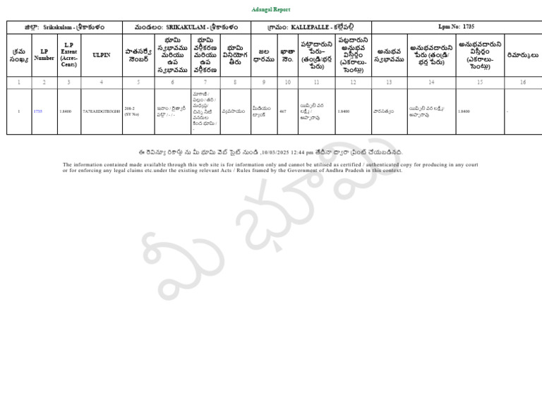 Srikakulam - : Srikakulam - : Kallepalle - LPM No: 1735 L.P Extent ...