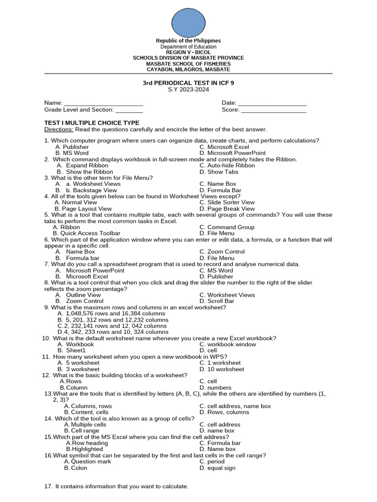 3RD Periodical Test ICF | PDF | Microsoft Excel | Software