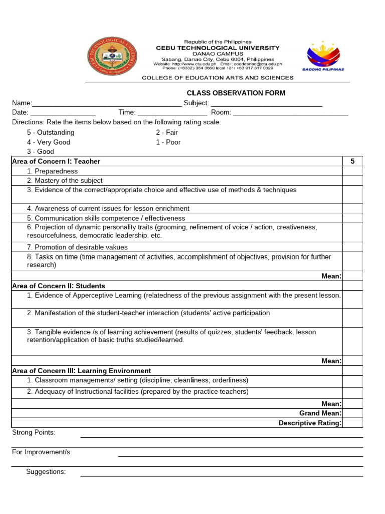 Class Observation Form REVISED | PDF | Teachers | Classroom Management