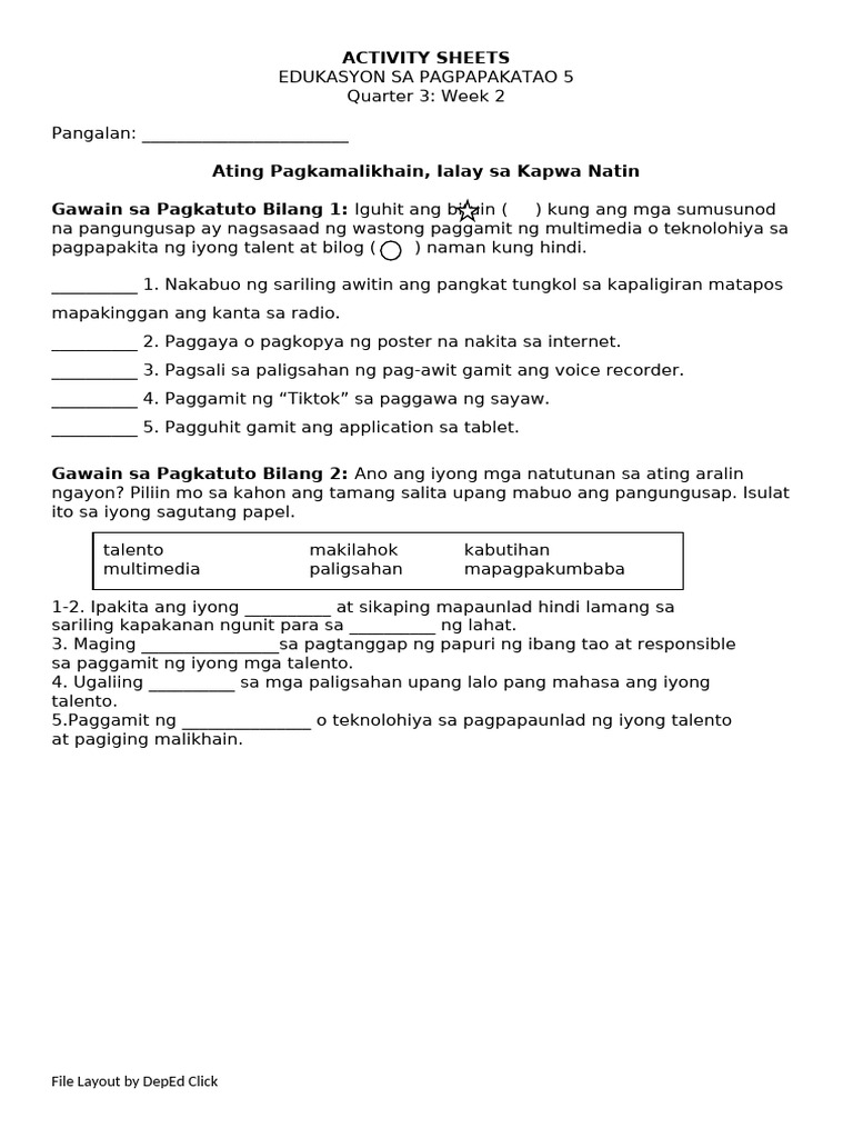 ESP 5 Activity Sheet Q3 W2 | PDF