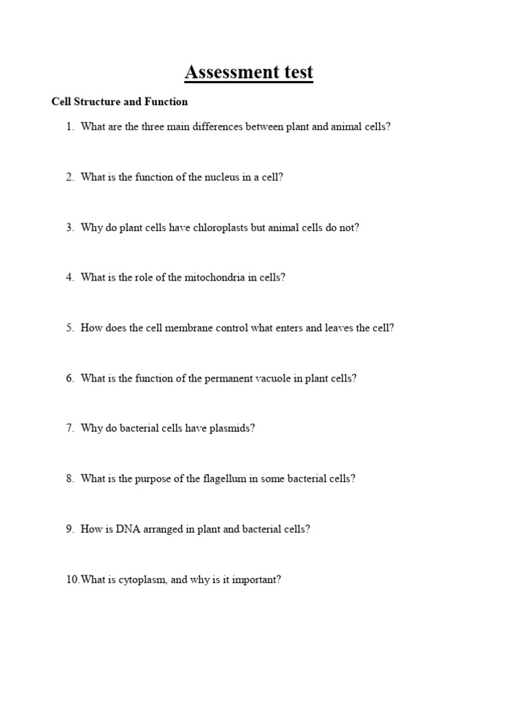 Cell Structure and Function Assessment | PDF