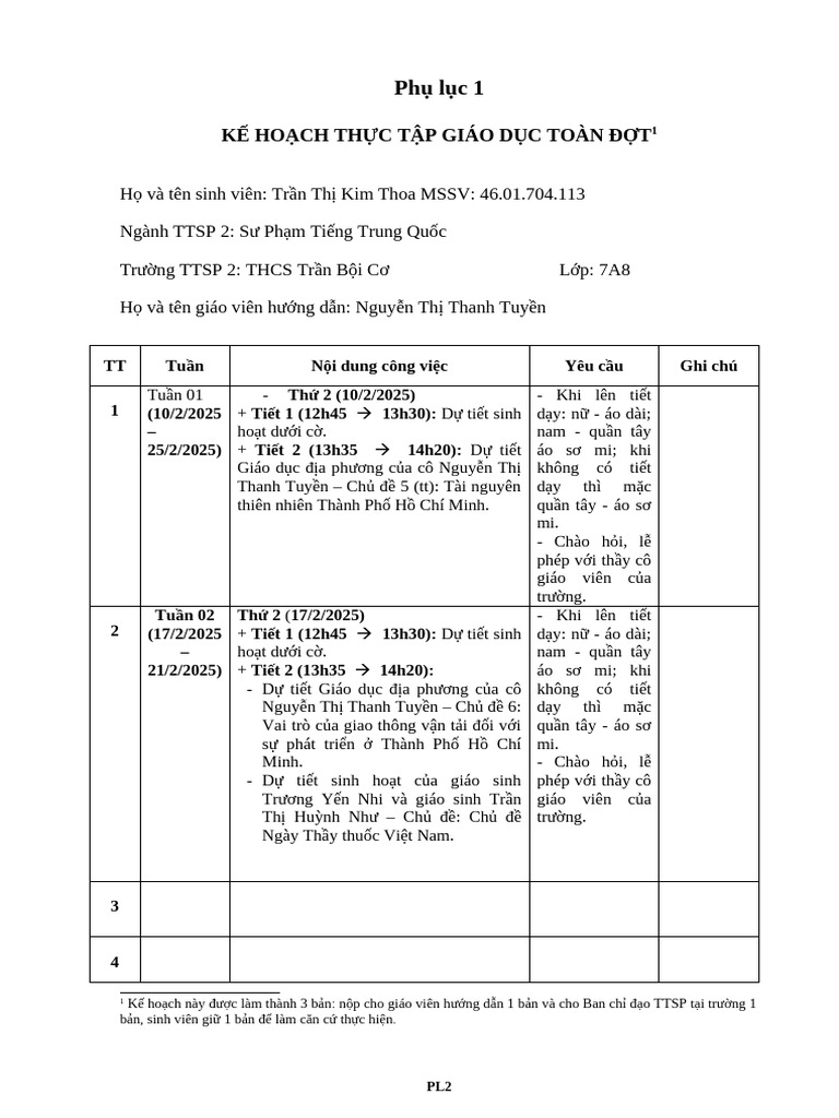 Phu Luc 1 - KeHoachThucTapGiaoDuc - ToanDot - TRAN THI KIM THOA | PDF