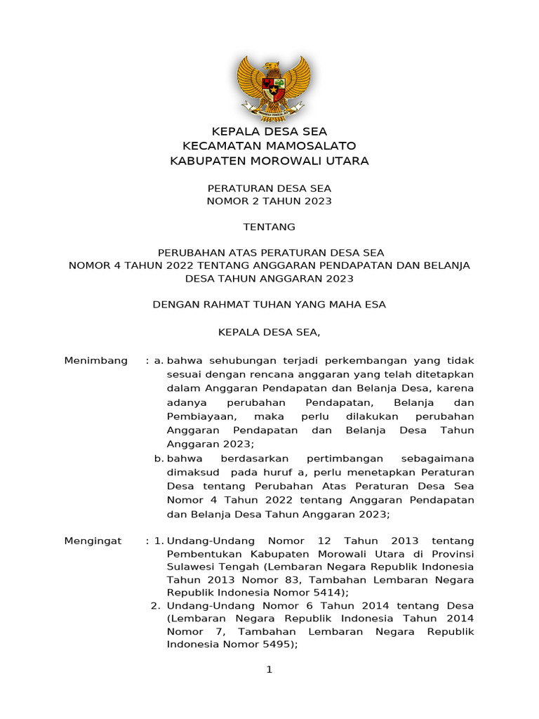 PERATURAN DESA SEA NO. 2 TAHUN 2023 TENTANG PERUBAHAN APBDESA | PDF