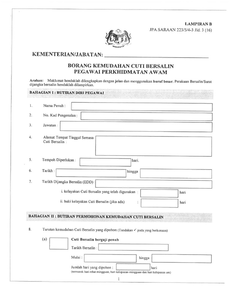 Borang Kemudahan Cuti Bersalin Pegawai Perkhidmatan Awam | PDF