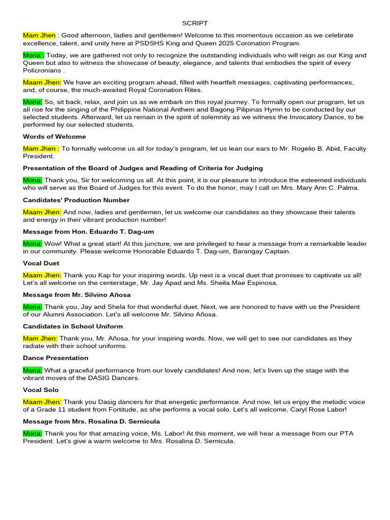 PSDSHS King and Queen Script | PDF