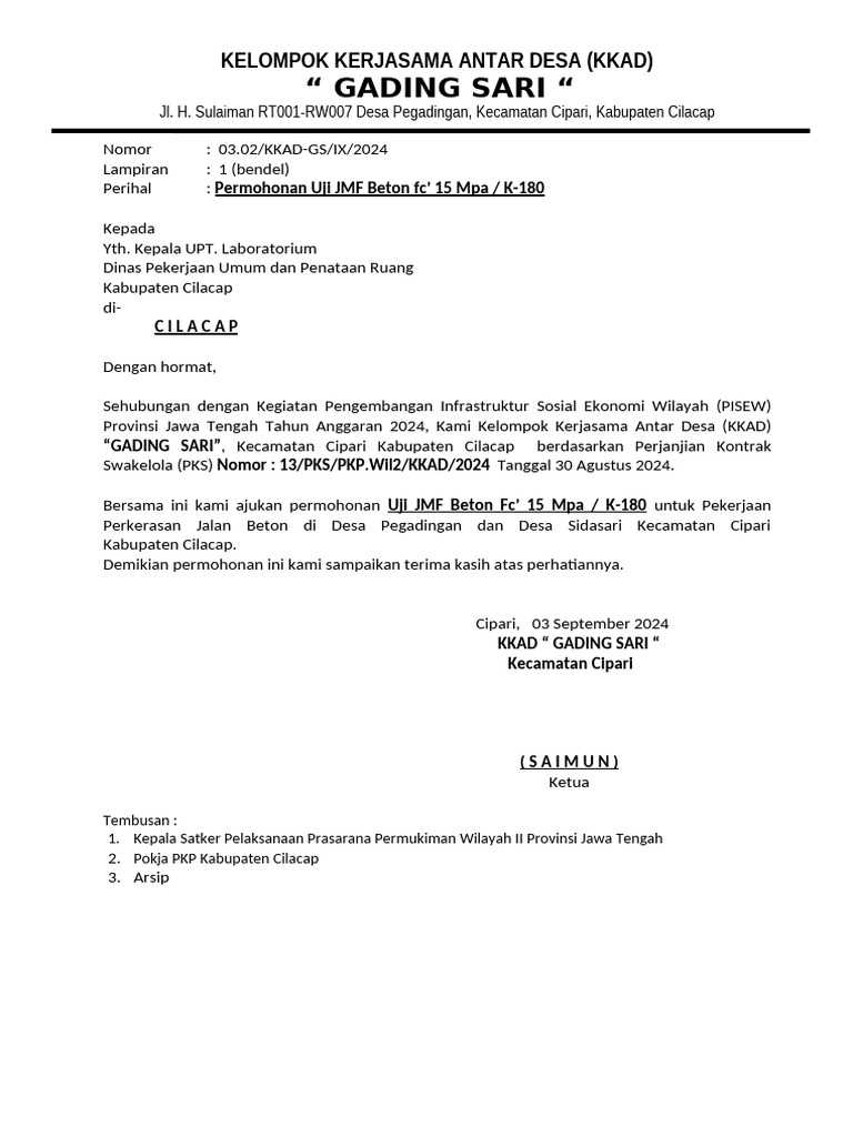 Surat Permohonan UJI JMF Beton Mutu F'C 15 Mpa | PDF