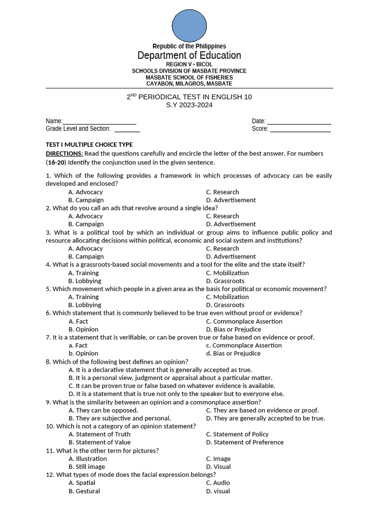 English 10 Periodical Test Guide | PDF | Truth | Bias