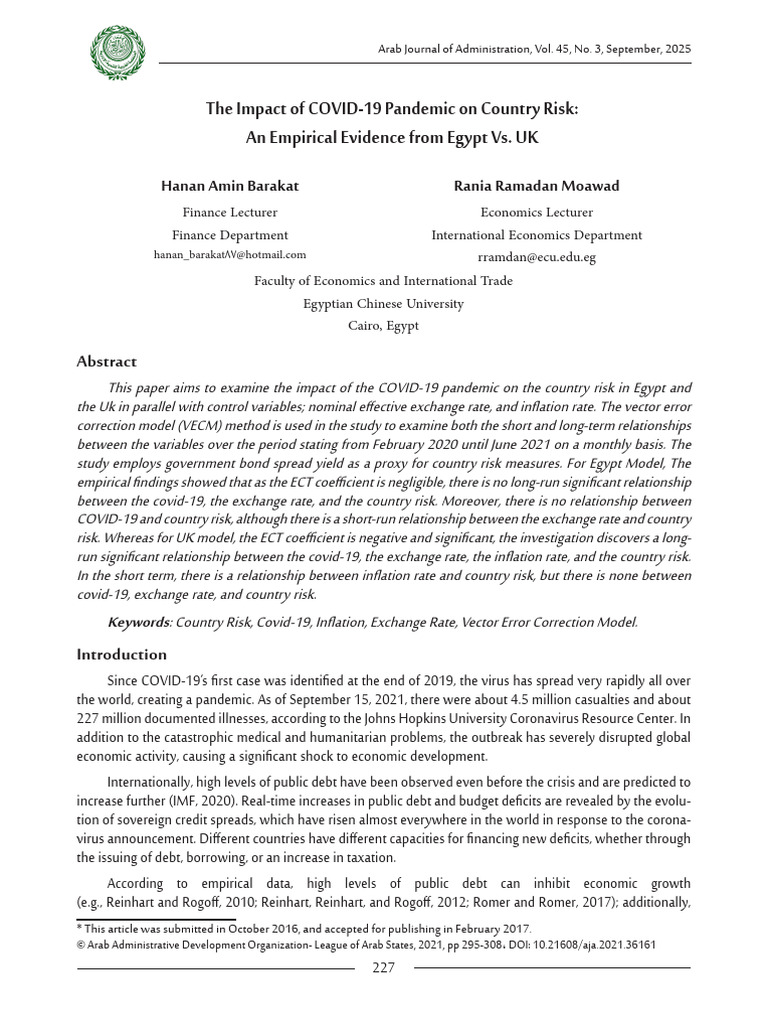 The Impact of COVID-19 Pandemic On Country Risk: An Empirical Evidence ...