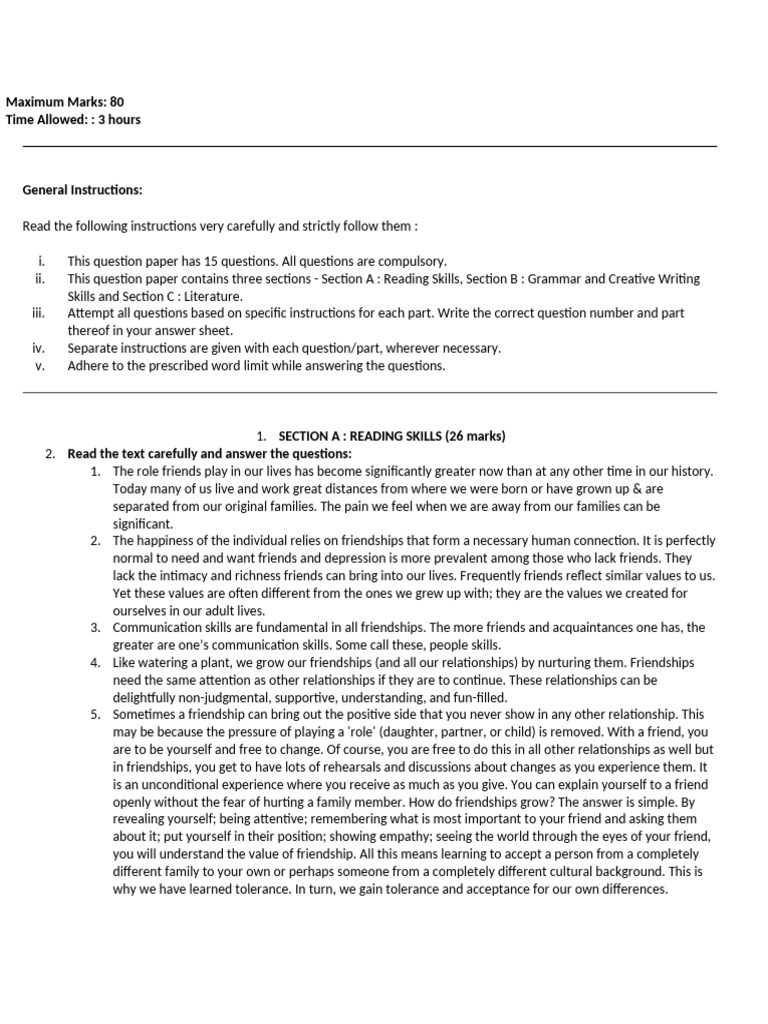 English Core Question Paper | PDF | Friendship | Empathy