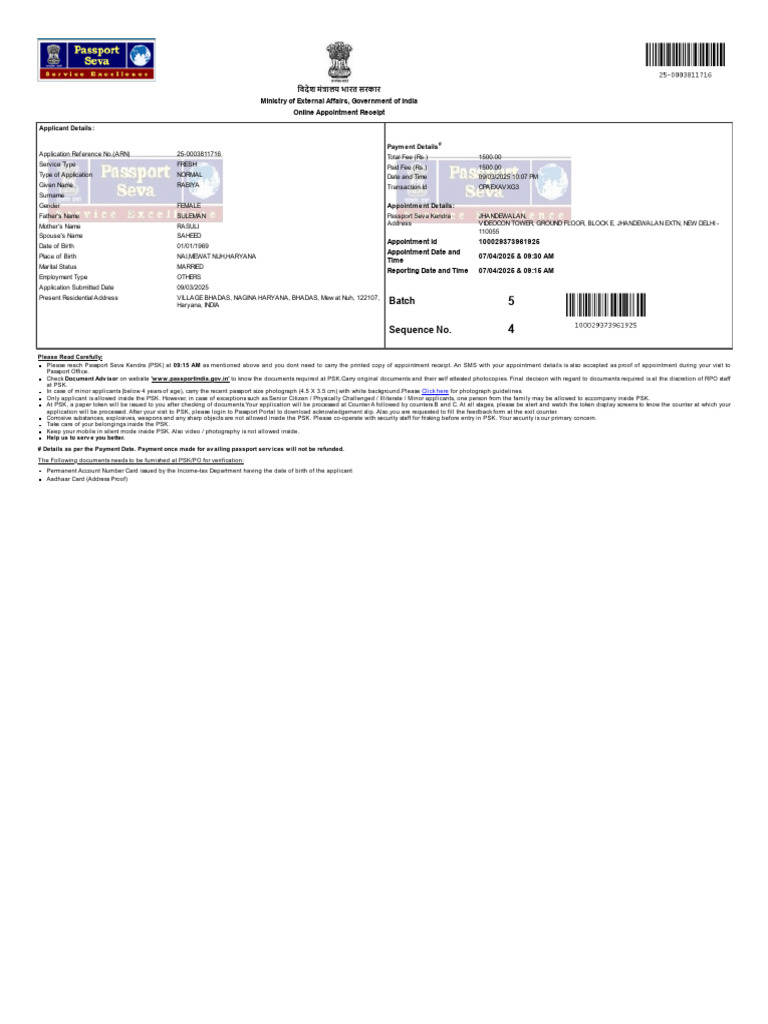 Appointment Receipt | PDF | Identity Document | Government And Personhood