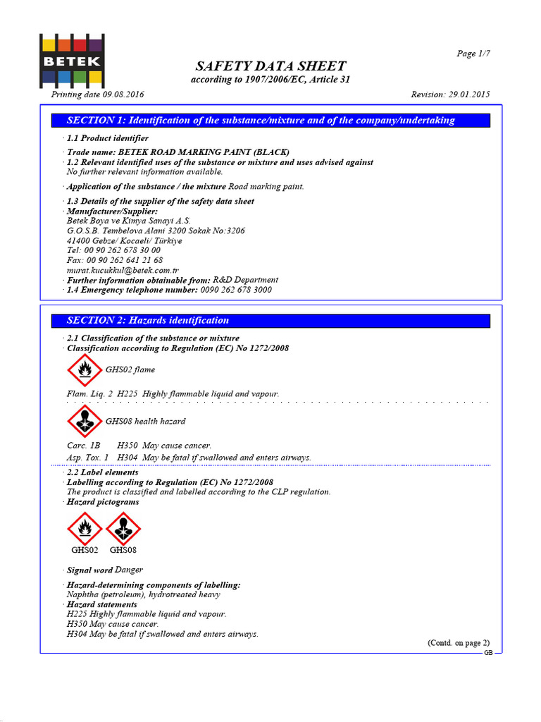 BETEK Black Road Marking Paint SDS | PDF | Dangerous Goods | Toxicity