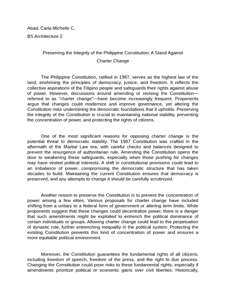 Argumentative Essay on Charter Change | PDF | Constitution ...