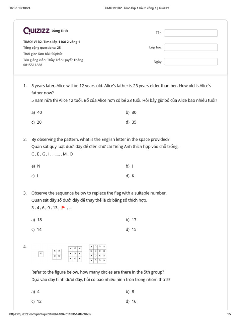 TIMO1V1B2. Timo L P 1 Bài 2 Vòng 1 | PDF
