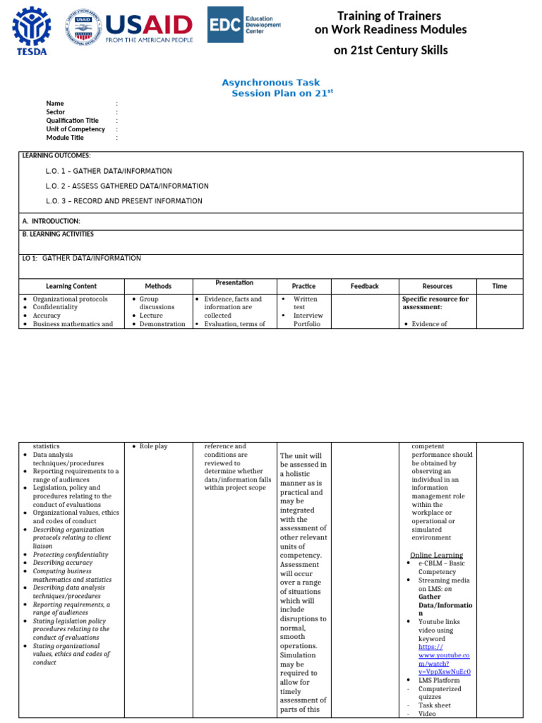 Work Readiness Training Session Plan | PDF | Information | Data