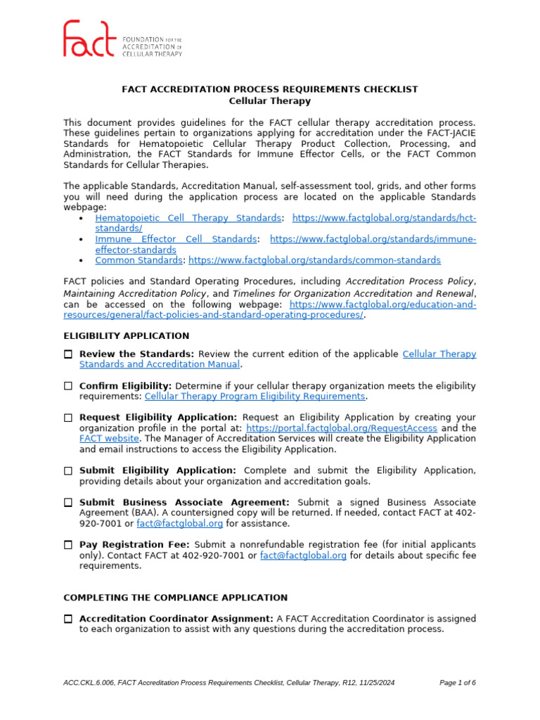 FACT Cellular Therapy Accreditation Checklist | PDF | Regulatory Compliance