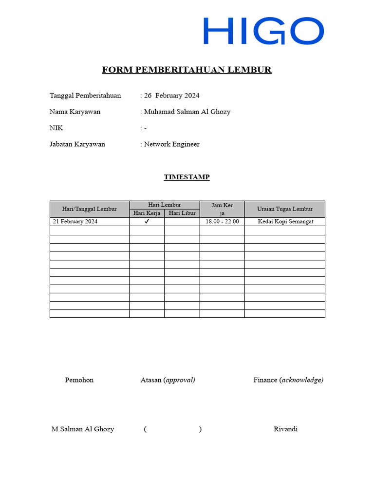 Form Lembur HIGO - 2024 | PDF